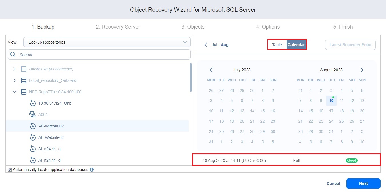 Object Recovery Wizard for Microsoft SQL Server: Backup